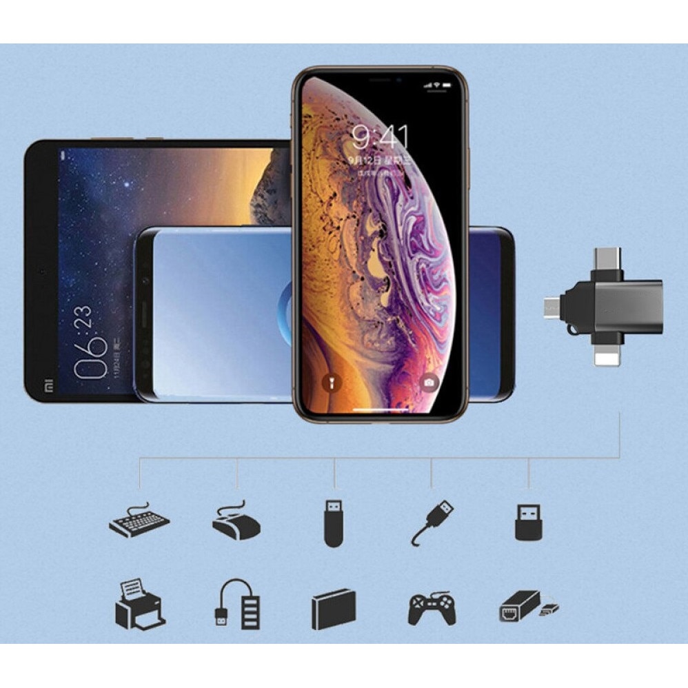 Andowl OTG adapter, 3 az 1-ben, USB 3.0, Micro USB/C-típusú/Lightning ...
