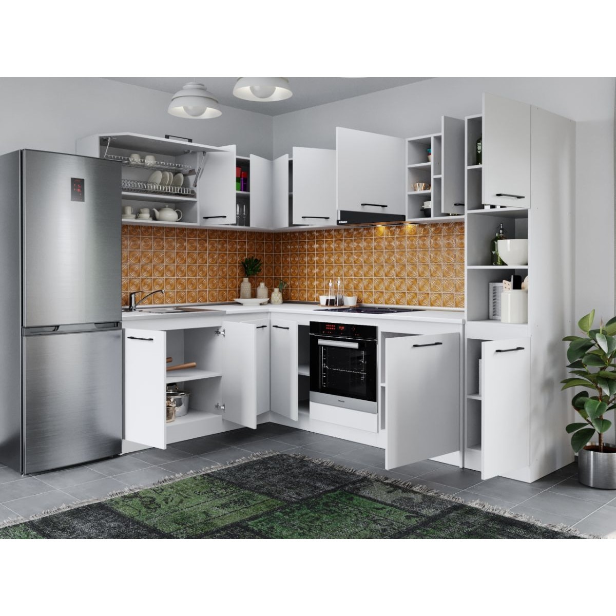 Set Mobila Bucatarie Colt, Mina Pure Alb, C58, L 184/264 x A 60 x H 200 ...