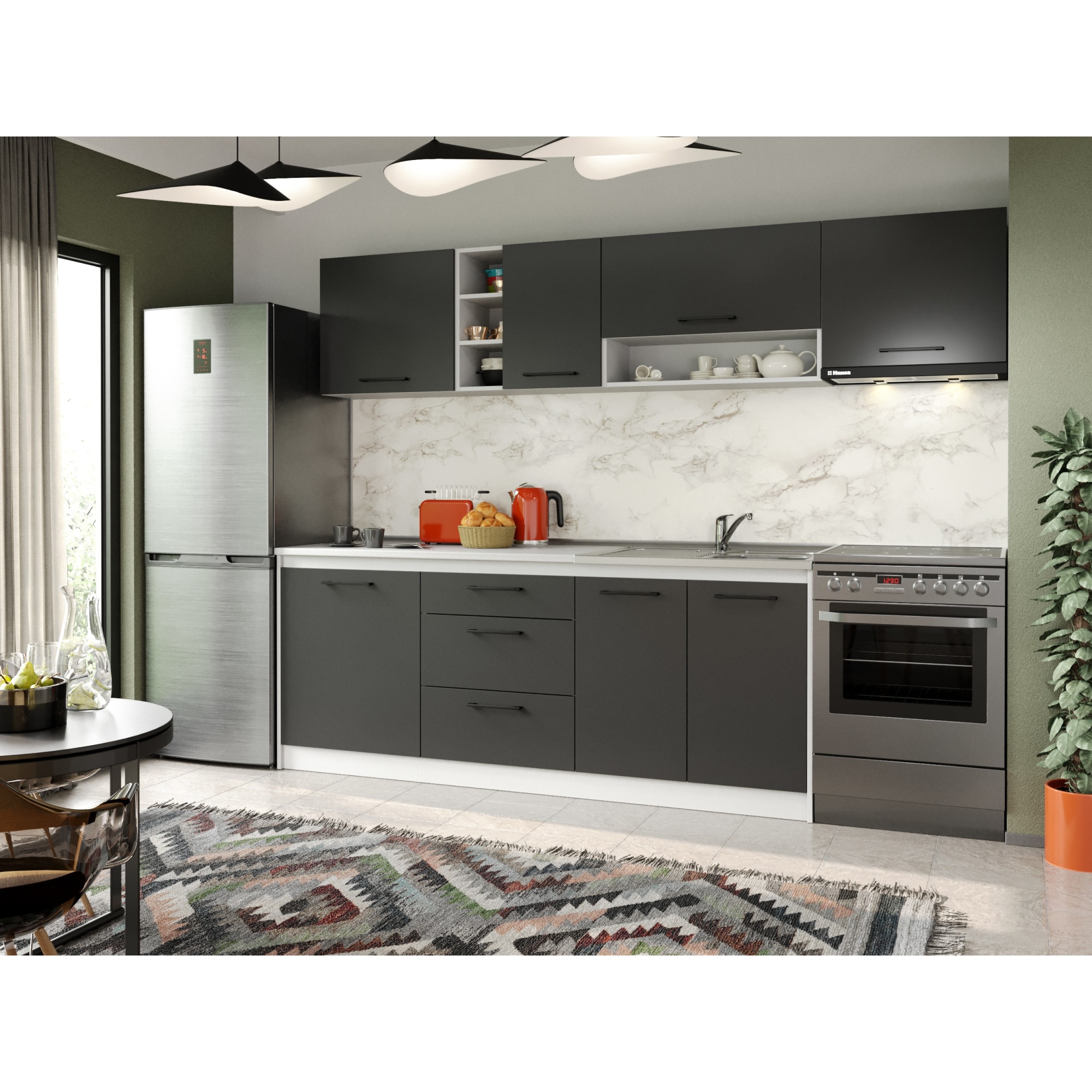 Set Mobila Bucatarie, Mina Grafit, Gri Antracit, C70, L 262 x A 60 x H ...