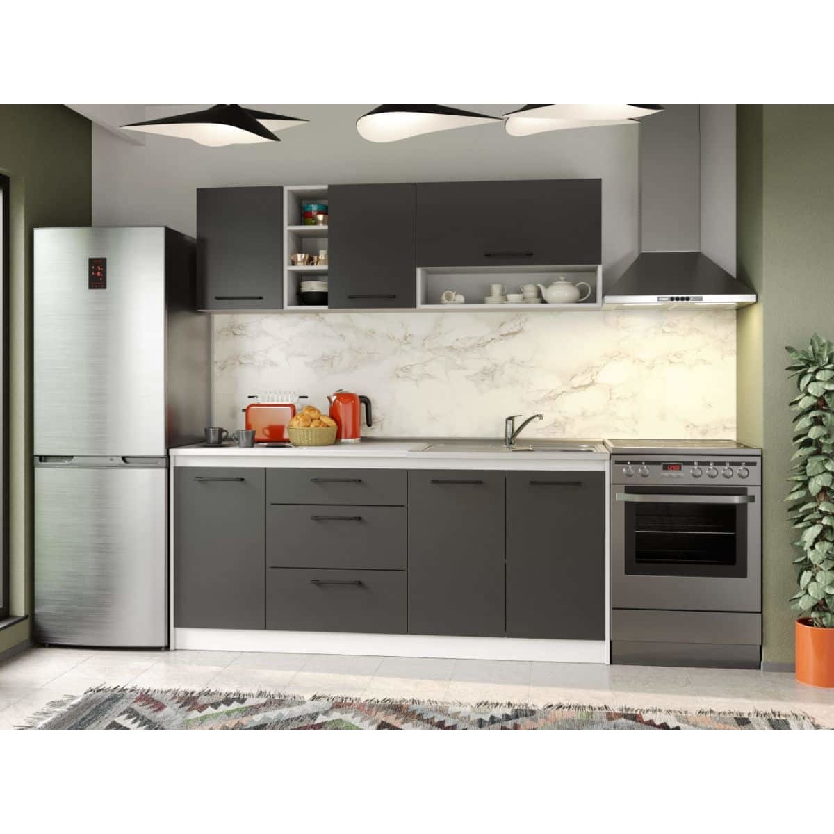 Set Mobila Bucatarie, Mina Grafit, Gri Antracit, C72, L 182 x A 60 x H ...