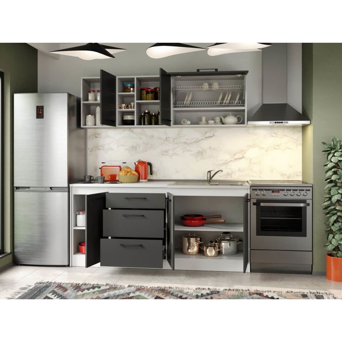 Set Mobila Bucatarie, Mina Grafit, Gri Antracit, C72, L 182 x A 60 x H ...