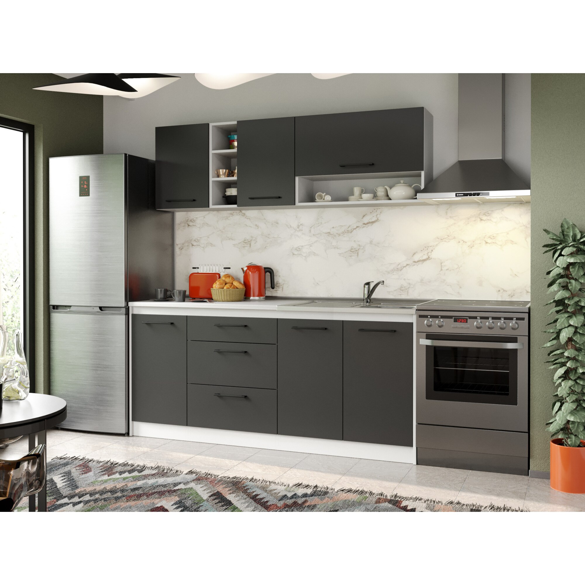 Set Mobila Bucatarie, Mina Grafit, Gri Antracit, C72, L 182 x A 60 x H ...