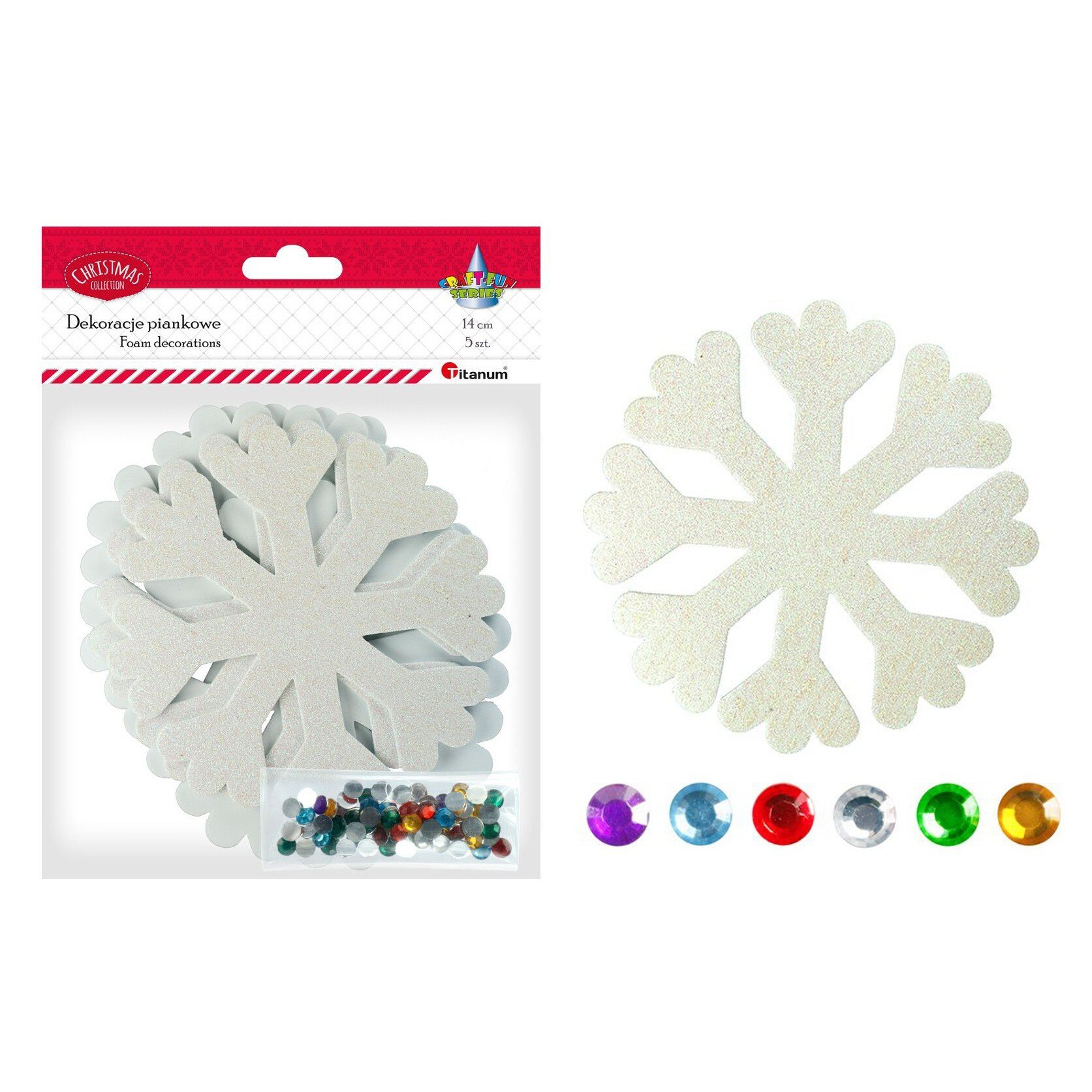 Set 5 fulgi de nea + cristale colorate, Titanum, Spuma, 140 mm, Alb ...