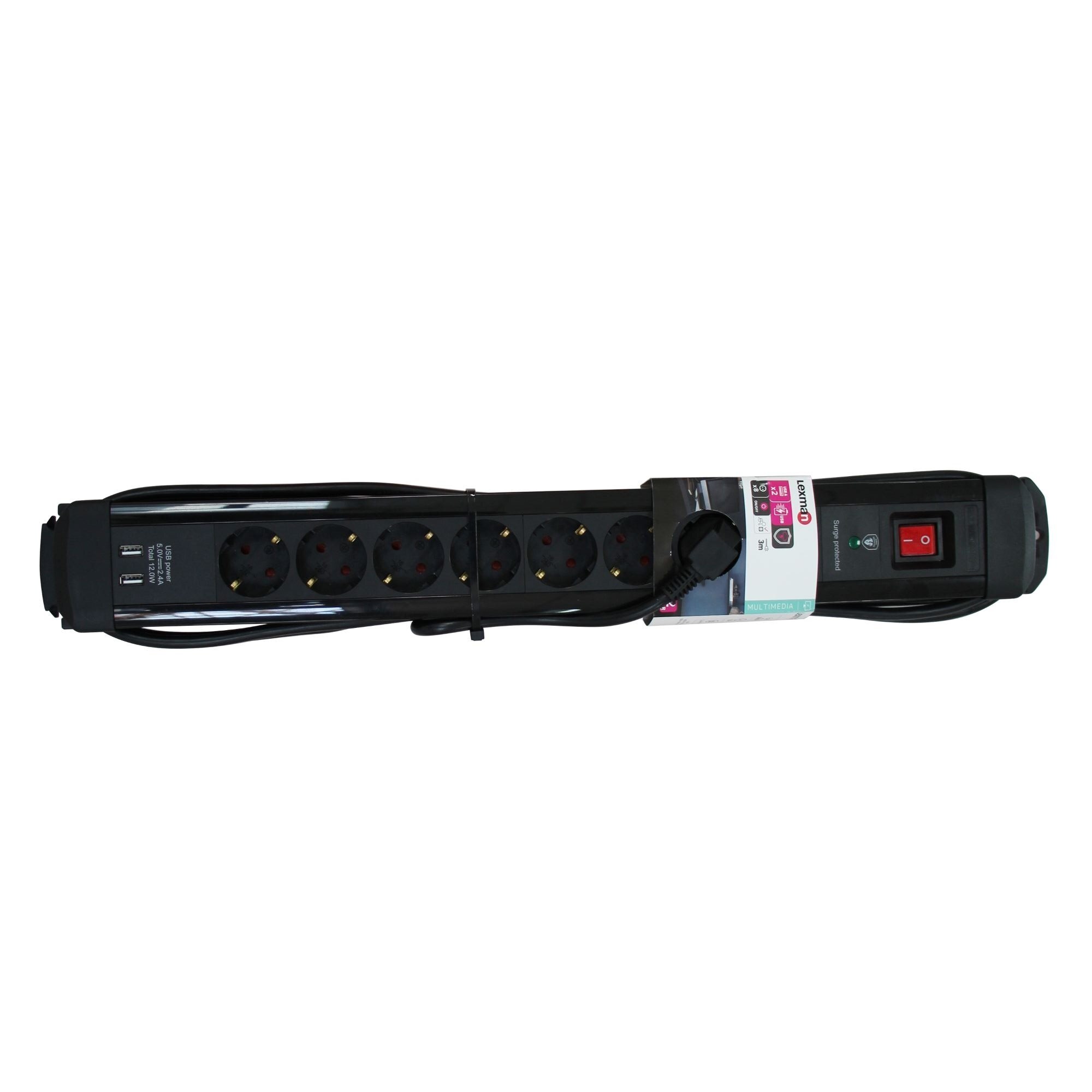 Prelungitor cu fir, cu 2xUSB, 8 prize, cablu 3 m, IP20, negru - eMAG.ro
