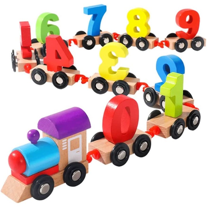 Set de Trenulete din Lemn, Jucarie interactiva bebelusi cu Numere ...