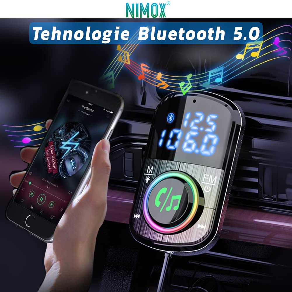 Modulator FM Nimox® Bluetooth 5.0, Hands-Free, Transmitator auto cu ...