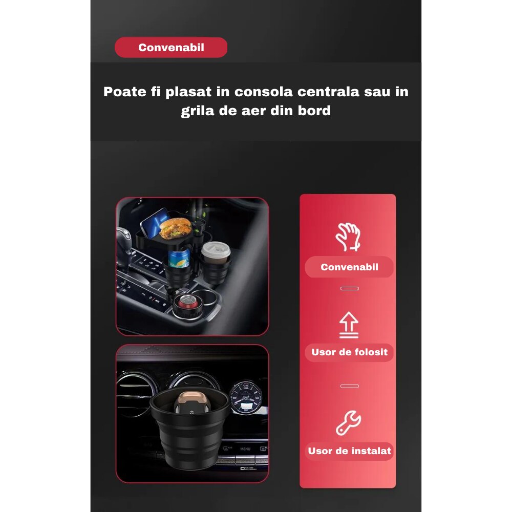 Suport pahar auto multifunctional ajustabil, cup holder, 6 in1, tava ...