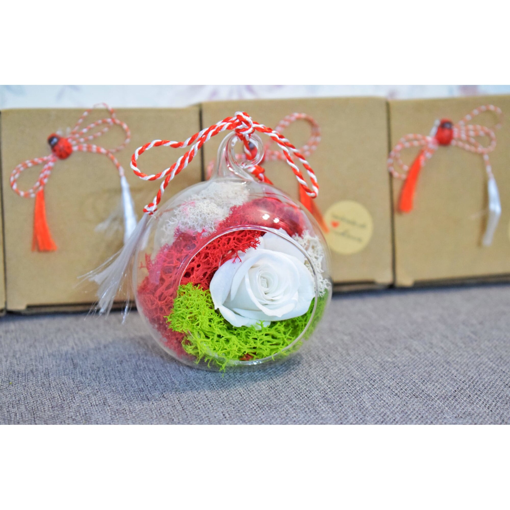 Aranjament trandafir criogenat, licheni stabilizati, glob de sticla ...