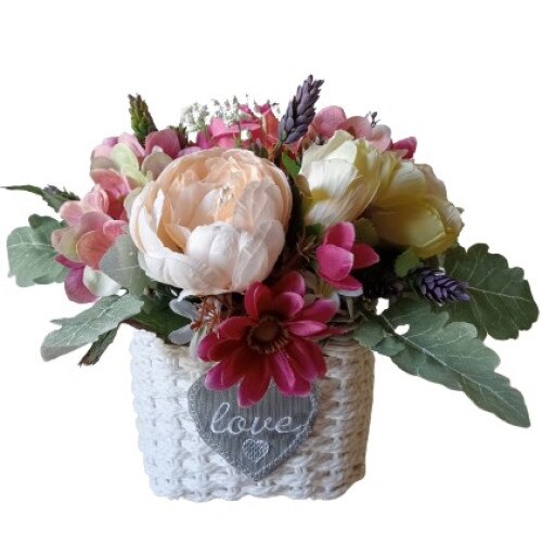 Aranjament floral din matase in cos crosetat love alb, cu 13 fire ...