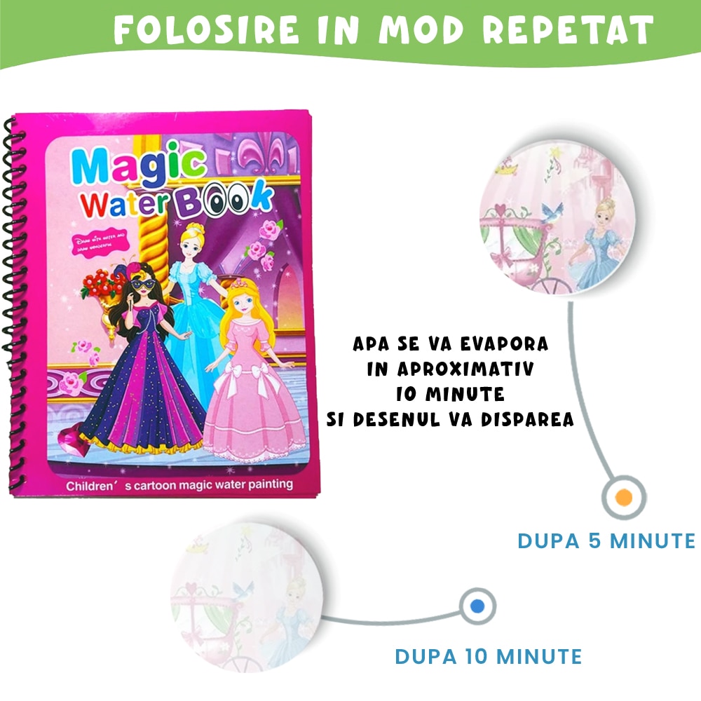 Carte de colorat cu apa Magic Book, Reutilizabila, plina de culori ...