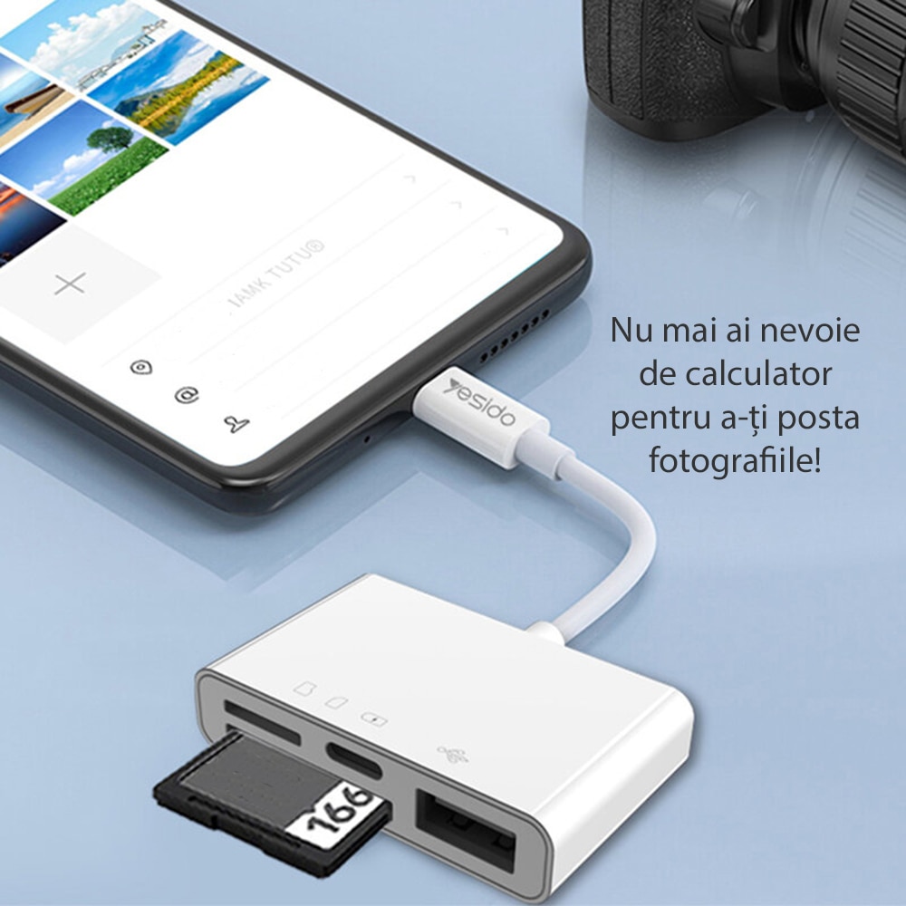 Cititor de carduri si adaptor Yesido GS12, Lightning la USB, Lightning ...