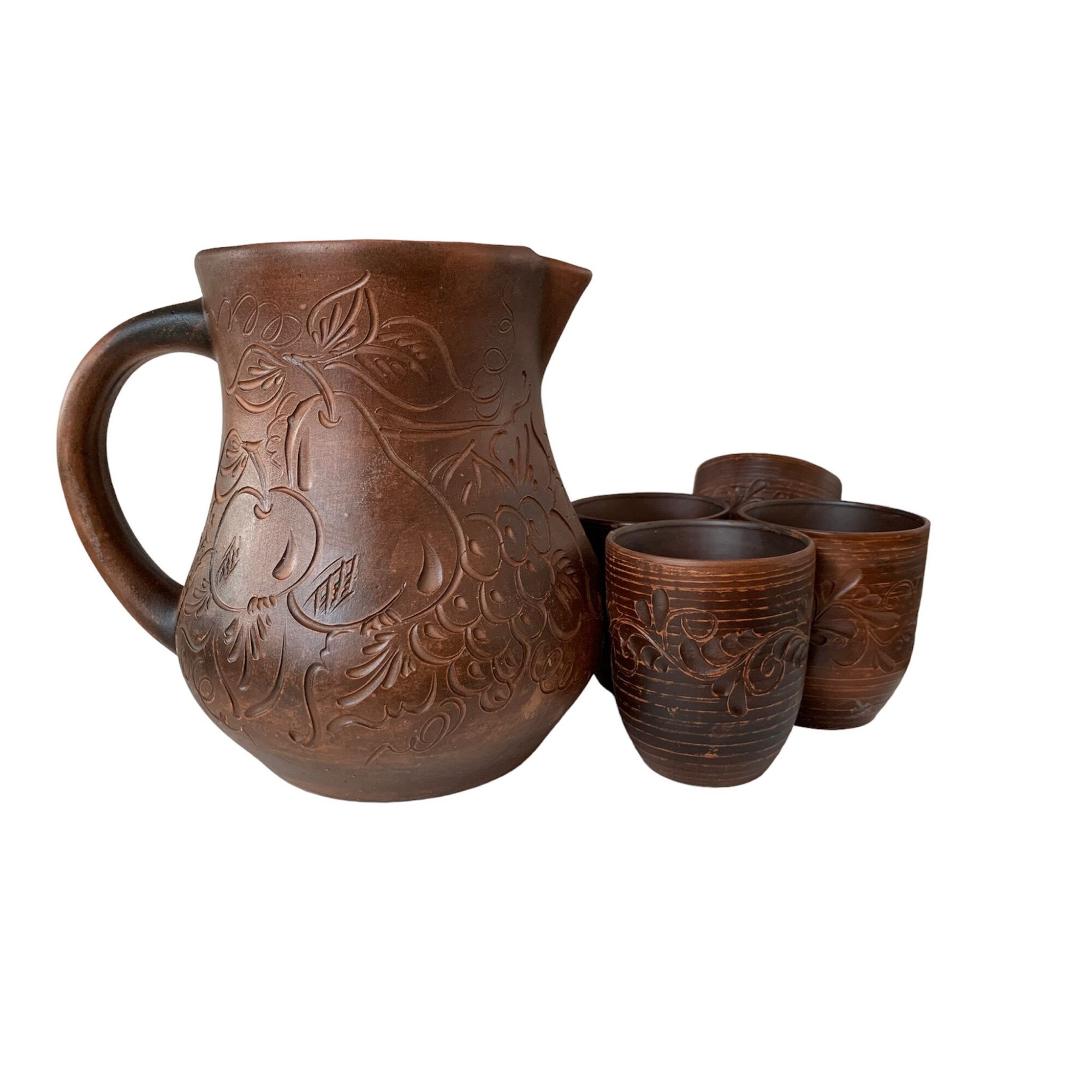 Set pentru vin, Diveli, 1 Ulcior si 4 pahare, lut rosu, 3L/300 mlx4 ...