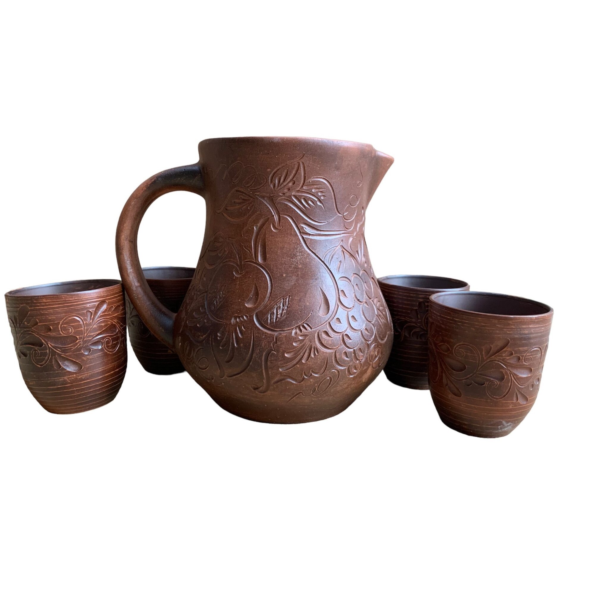 Set pentru vin, Diveli, 1 Ulcior si 4 pahare, lut rosu, 3L/300 mlx4 ...