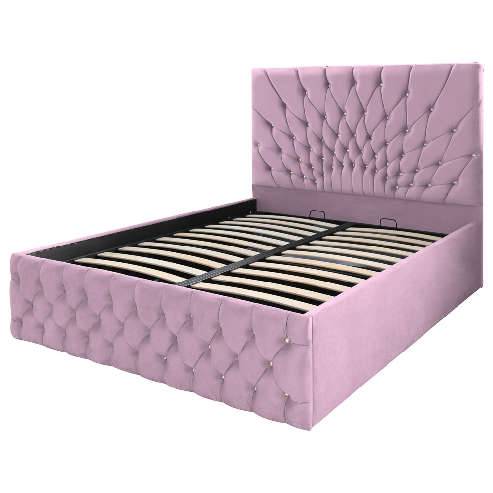 Pat dublu tapitat Carolina, 160/200 cm, roz cu nasturi sticla, cu ...