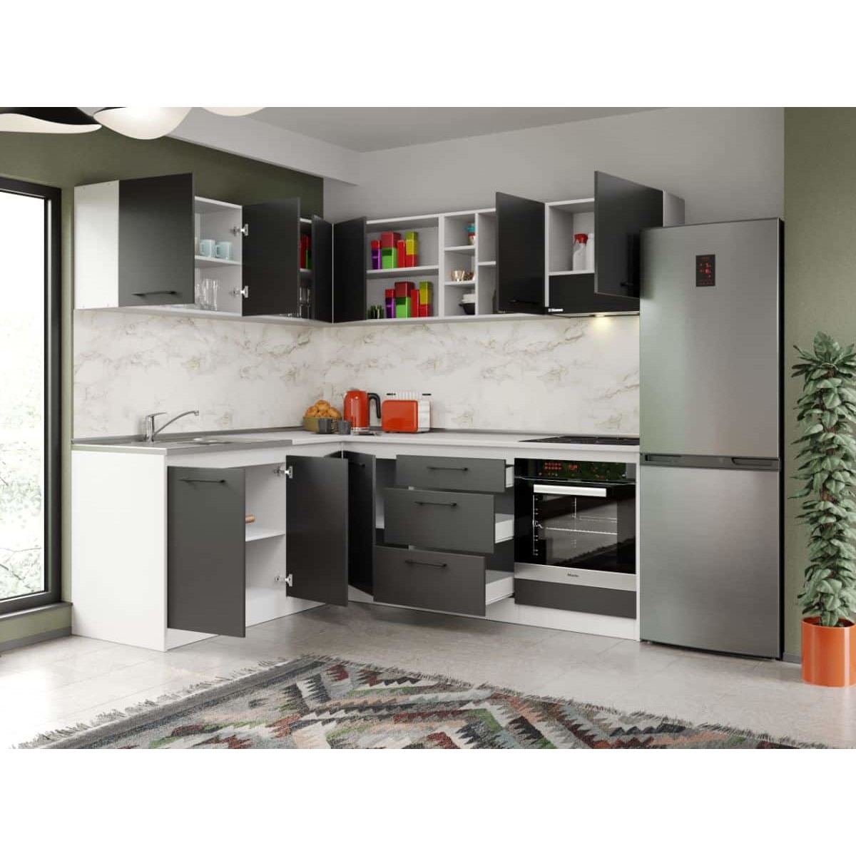 Set Mobila Bucatarie Colt, Mina Grafit, Gri Antracit, C86, L 184/224 x ...