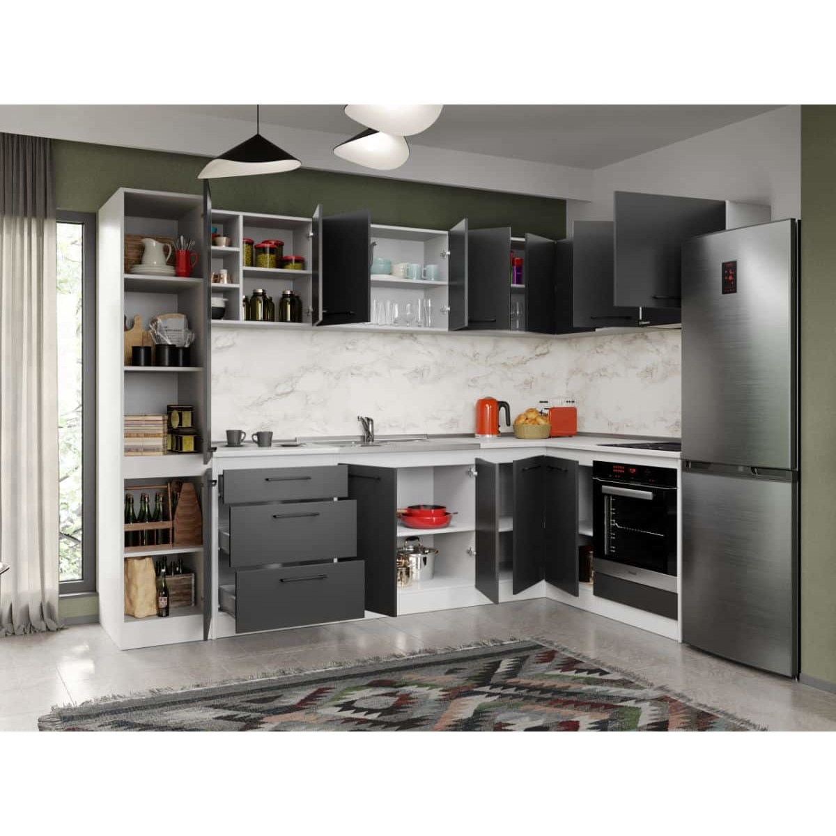 Set Mobila Bucatarie Colt, Mina Grafit, Gri Antracit, C90, L 284/164 x ...