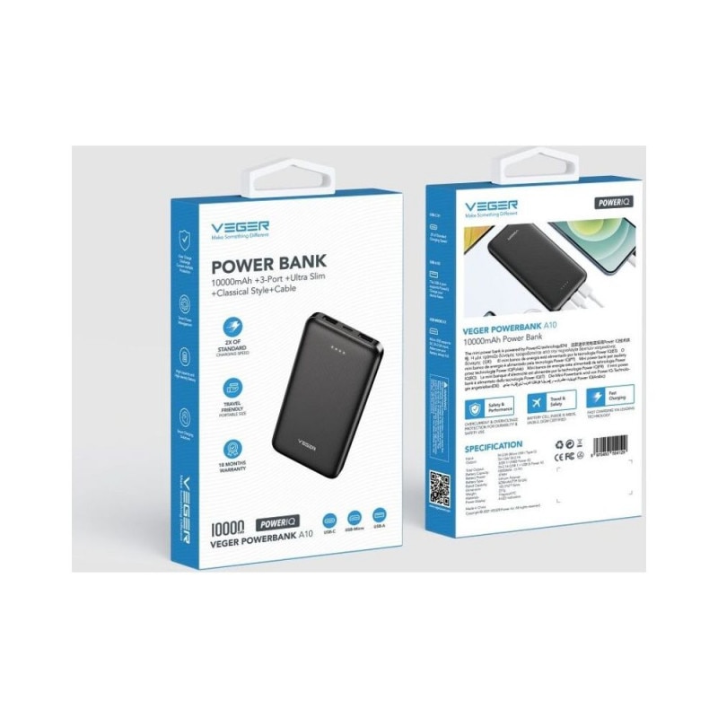 Acumulator extern Veger 10000mAh, 5V, Li-Ion, Premium, Negru - eMAG.ro