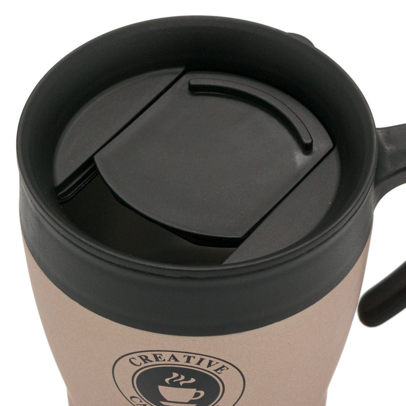 Cana termos cafea metal, auriu ruginiu, cu maner si capac cu deschidere ...