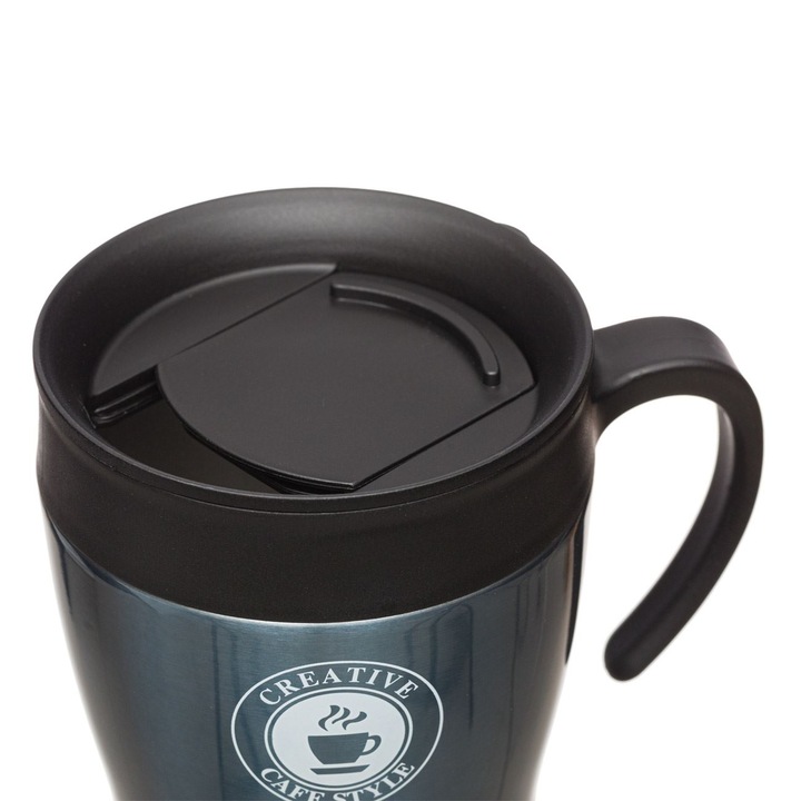 Cana termos cafea metal, gri, cu maner si capac cu deschidere, 350ml ...