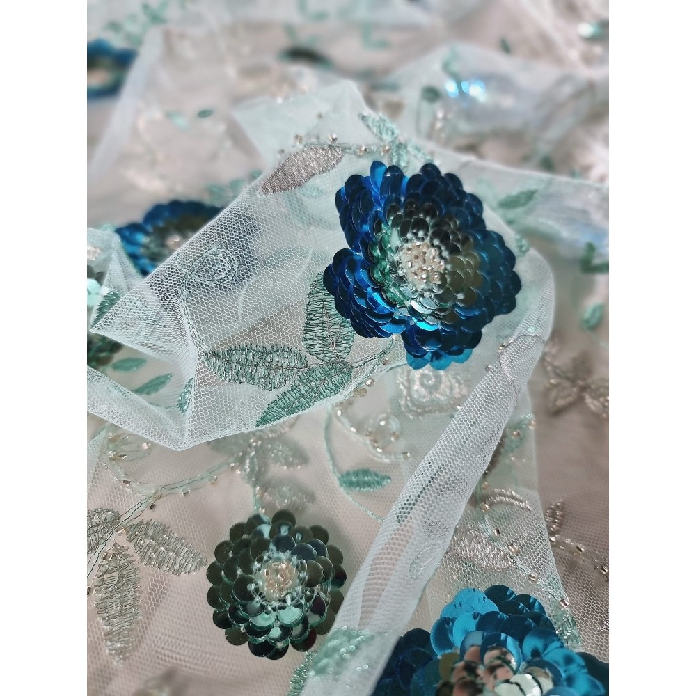 Dantela brodata cu paiete pe tulle - design floral, 150x100 cm, Verde ...