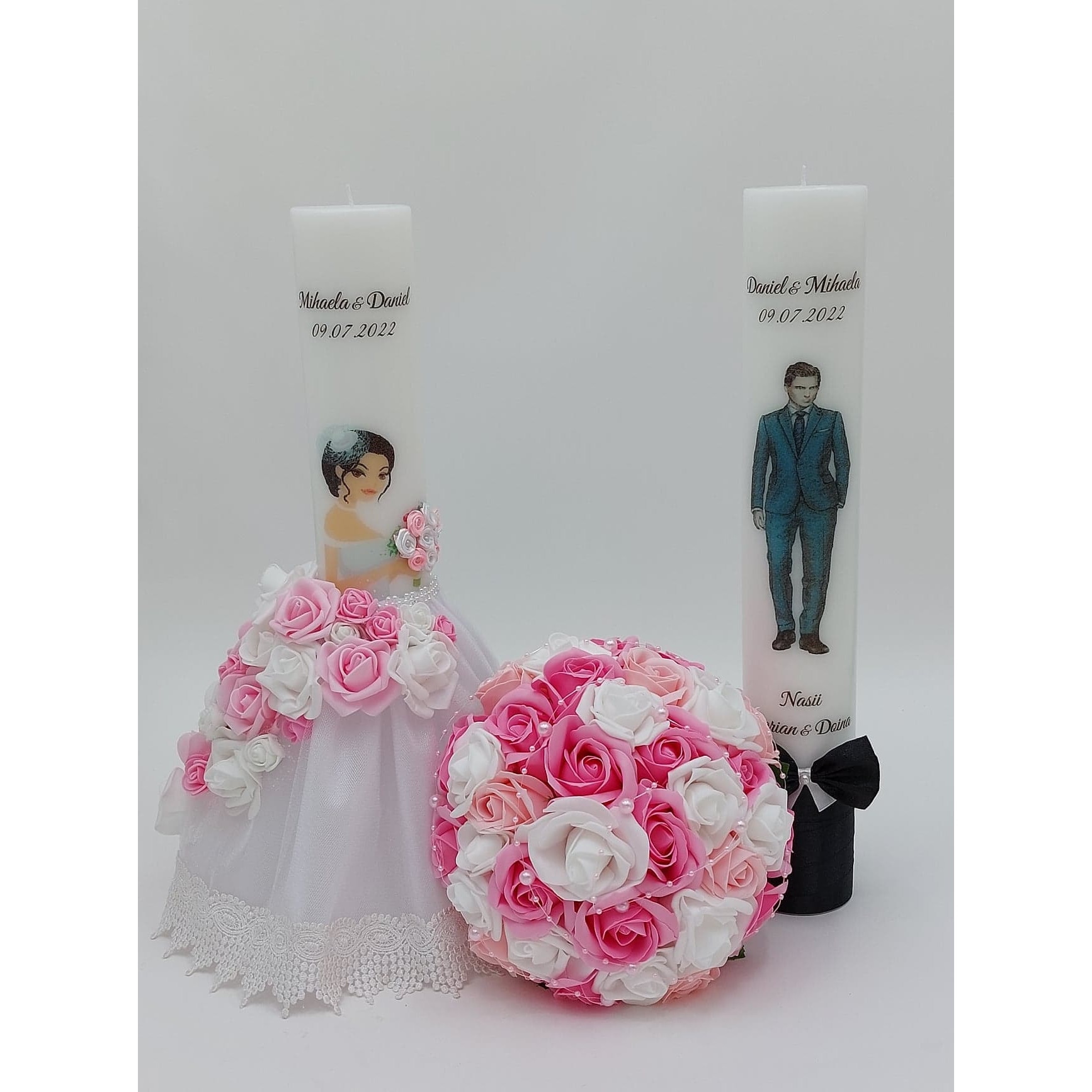 Set nunta personalizat, 2 lumanari ornate, 1 buchet mireasa roz, 40x6 ...