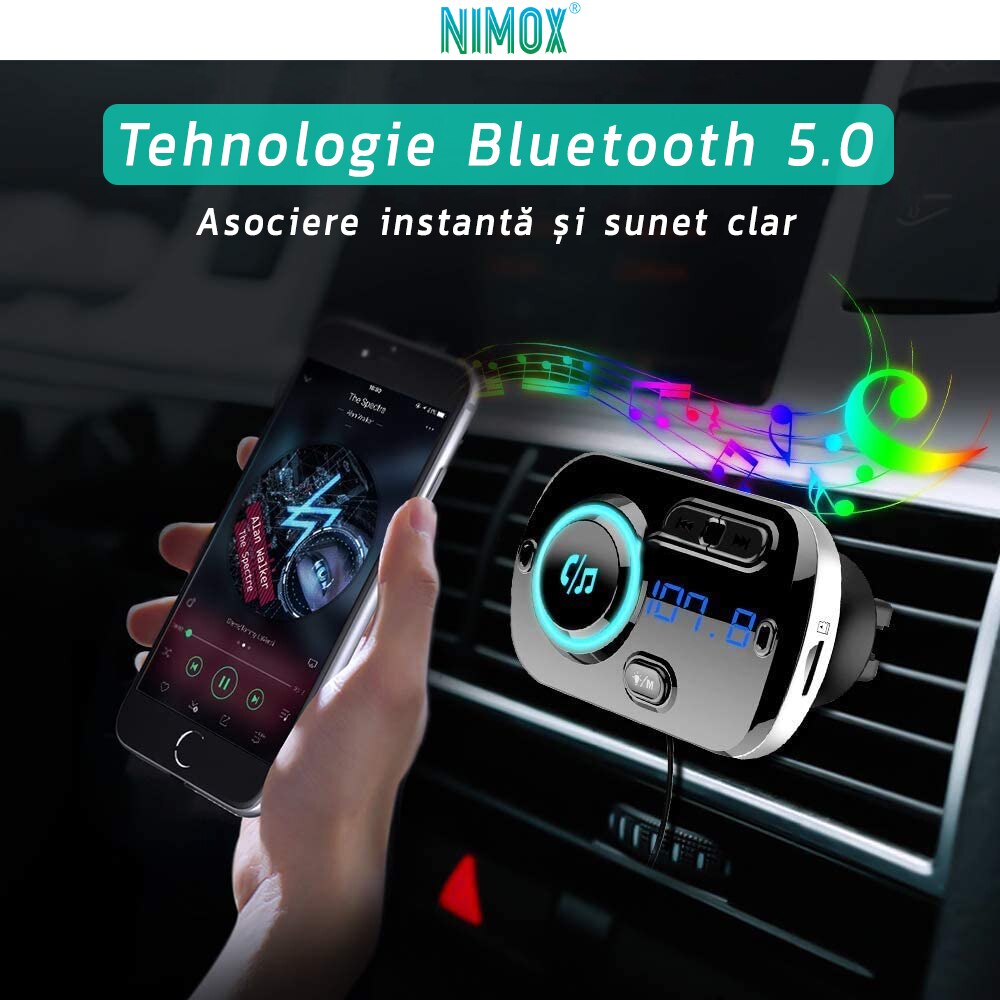 Modulator FM Nimox® Bluetooth 5.0, Hands-Free, Transmitator auto cu ...