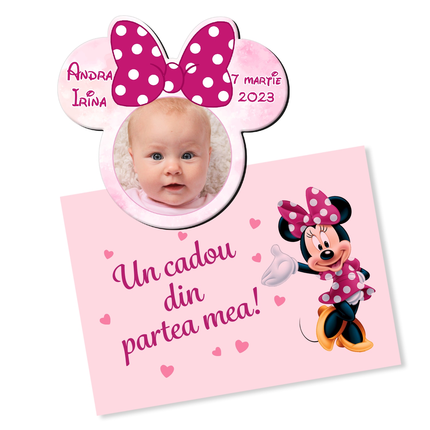 Set 10 bucati, Marturie botez magnetica Minnie Mouse, fundal roz, cu ...