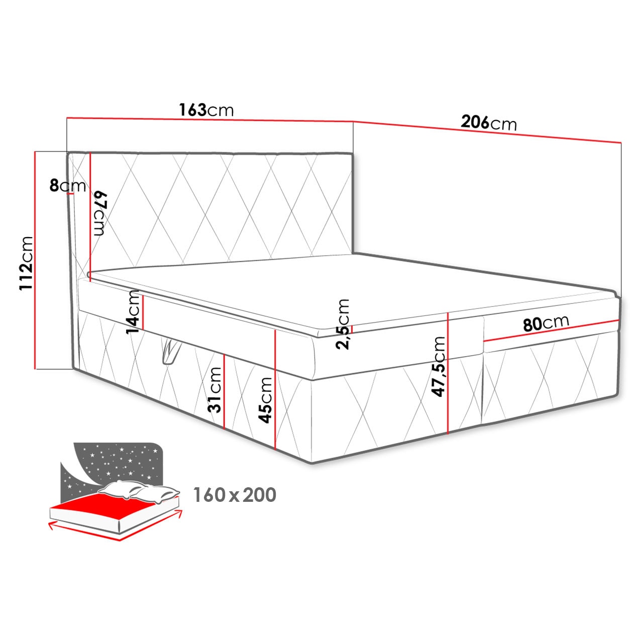 Pat matrimonial Tebsilo, Mirjan24, gri, 160x200 cm - eMAG.ro