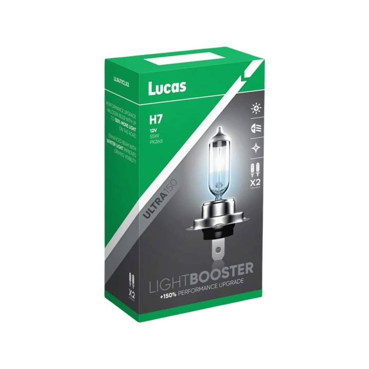 Set 2 becuri Lucas halogen 12V - H7 - 55W +150% LightBooster PX26d ...