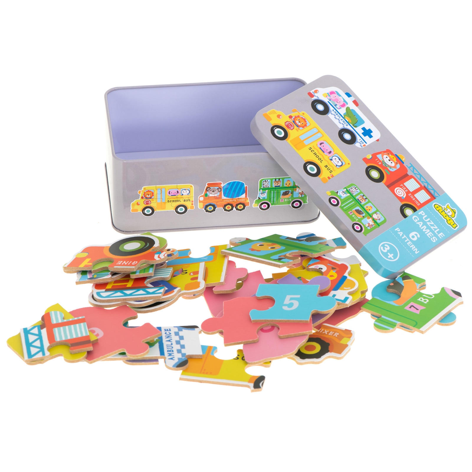 Set 30 de puzzle-uri in cutie metalica iMK®, 17,5cm x 10,5cm, copii pot ...