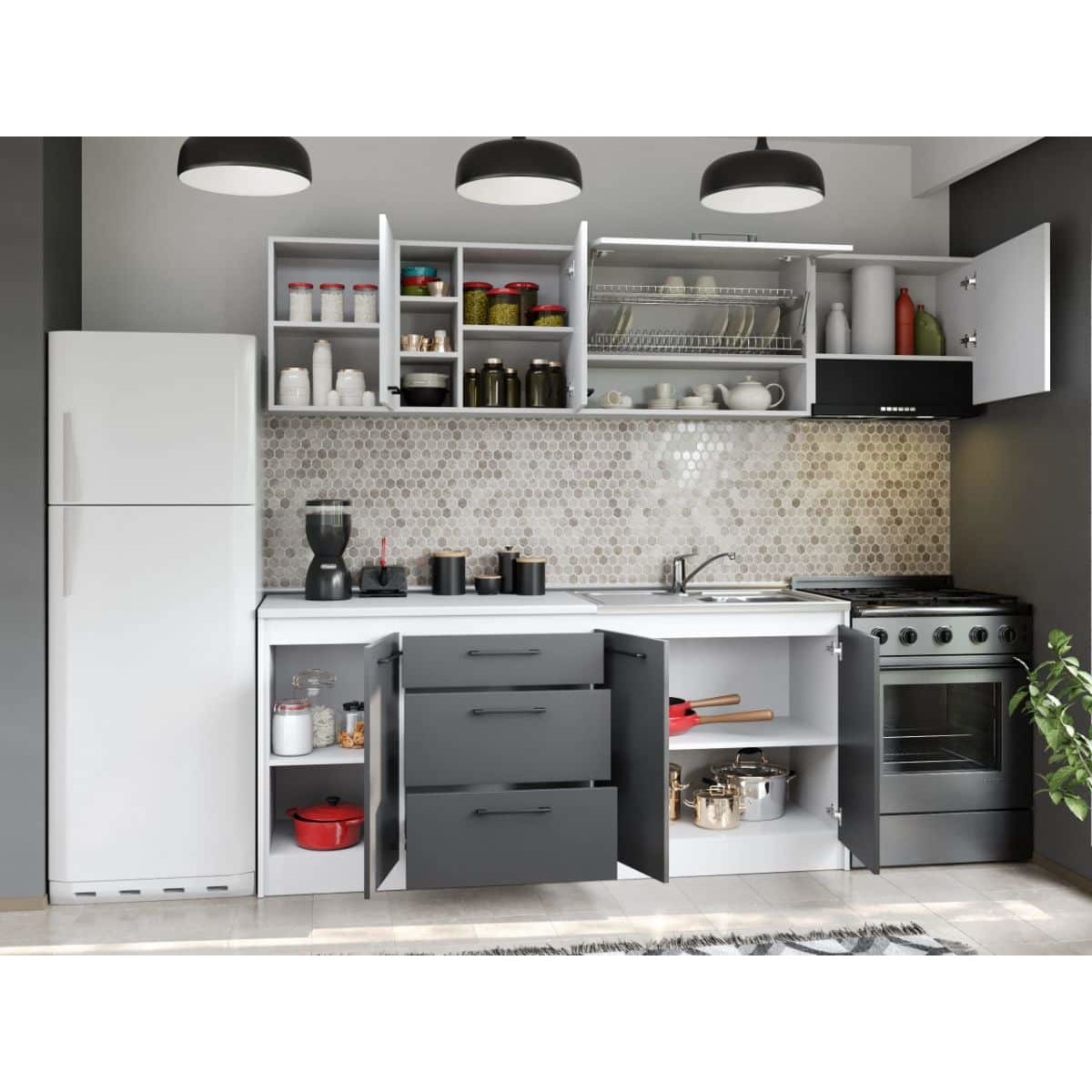 Set Mobila Bucatarie, Mina Dual, Gri Antracit/Alb, C100, L 242 x A 60 x ...