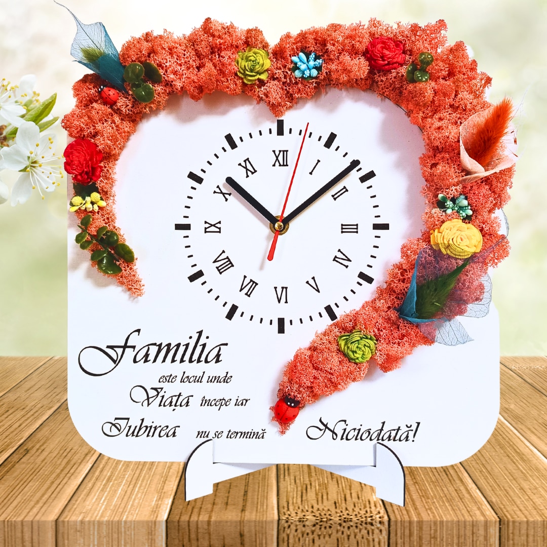 Ceas Inima cu licheni stabilizati roz, personalizat cu mesaj standard ...