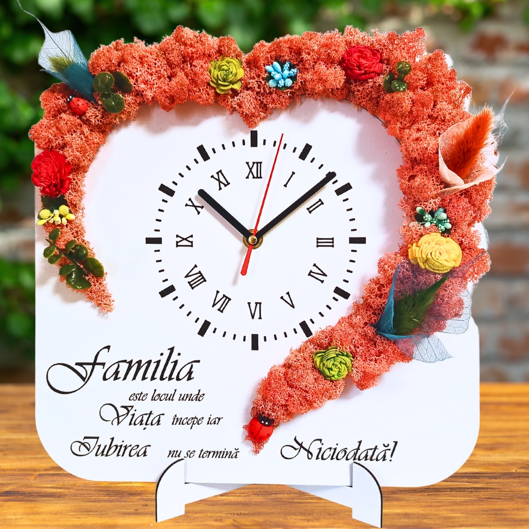 Ceas Inima cu licheni stabilizati roz, personalizat cu mesaj standard ...