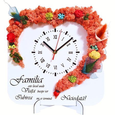 Ceas Inima cu licheni stabilizati roz, personalizat cu mesaj standard ...