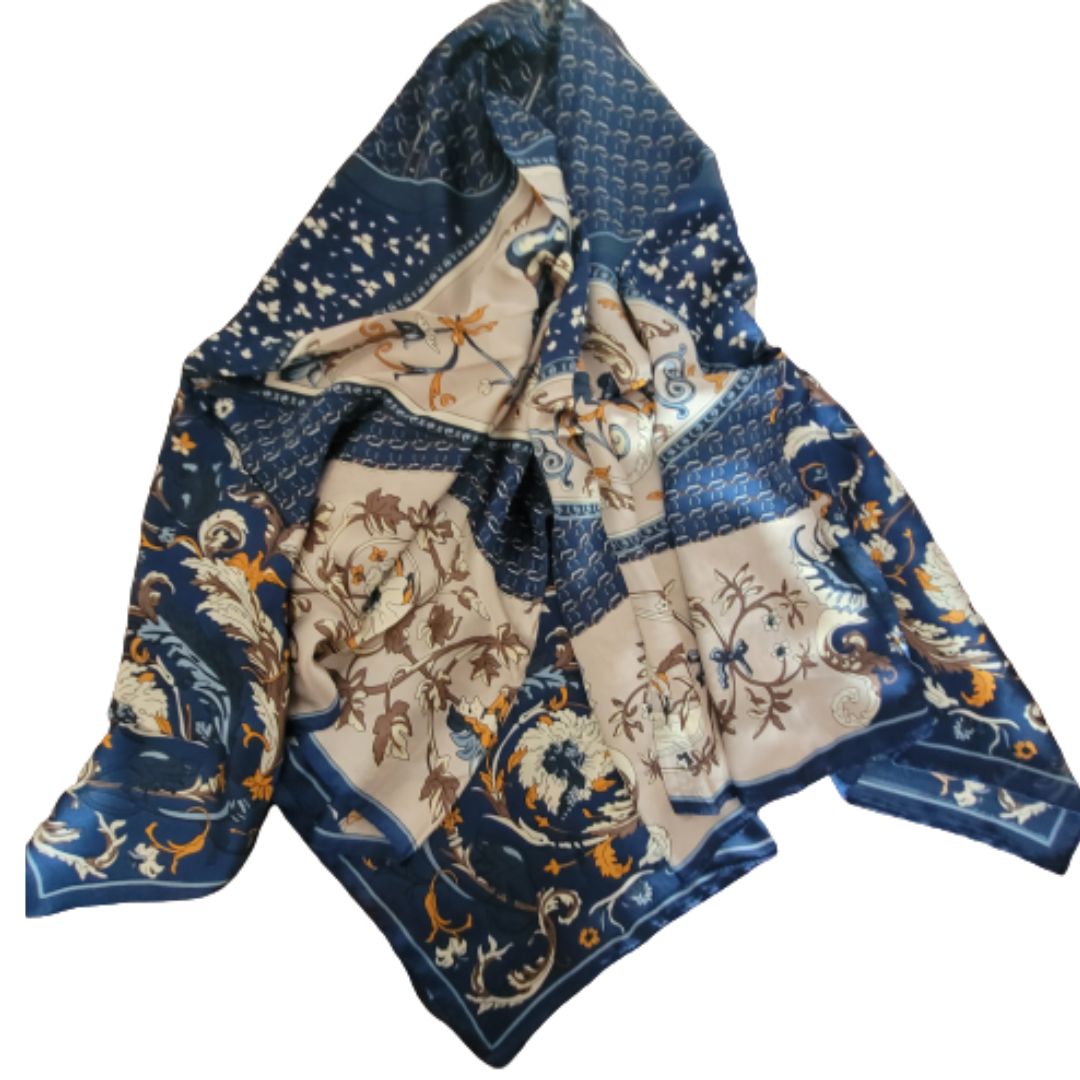Esarfa dama cu model floral, patrata, bleumarin cu bej, 130x130cm, 70% ...