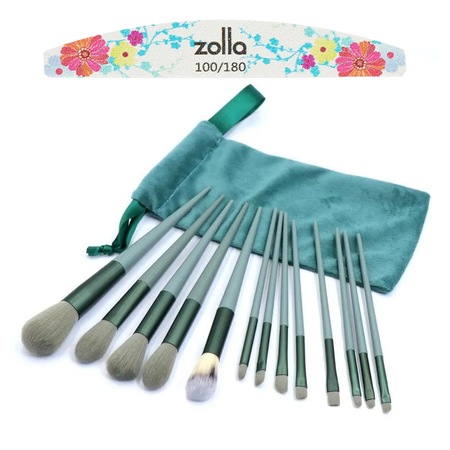 Set 13 Pensule Profesionale Pentru Machiaj Cu Saculet Din Catifea, Verde, Pila Zolla 100/180 ...