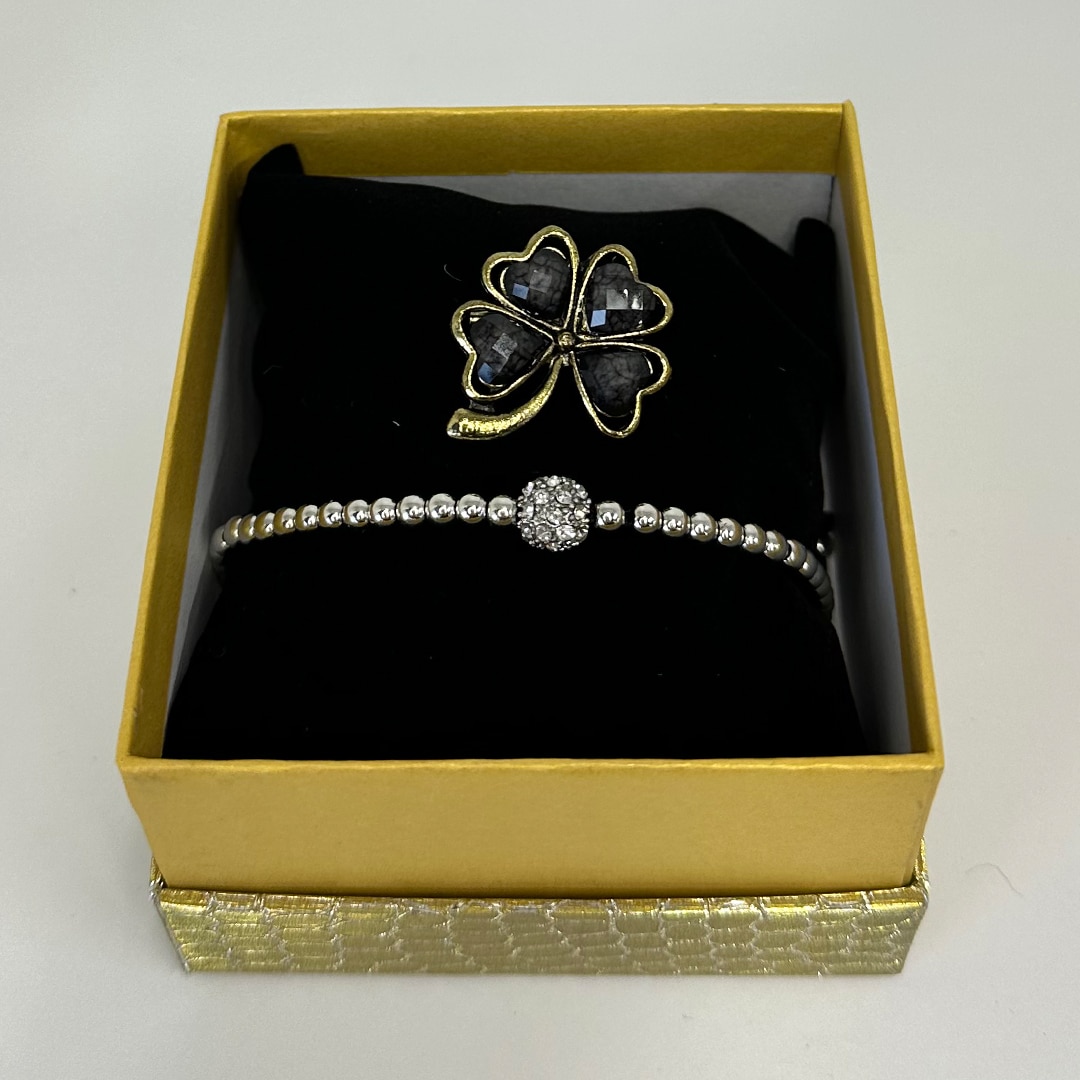 Set Lucky Breeze, cu brosa trifoi si bratara cu margele si cristale pe ...