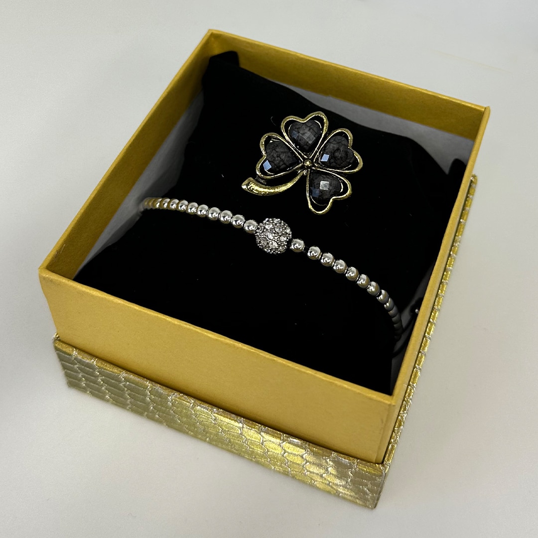 Set Lucky Breeze, cu brosa trifoi si bratara cu margele si cristale pe ...