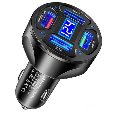 Incarcator auto Smart Fast Charging 4 USB 66W, afisare voltaj baterie ...