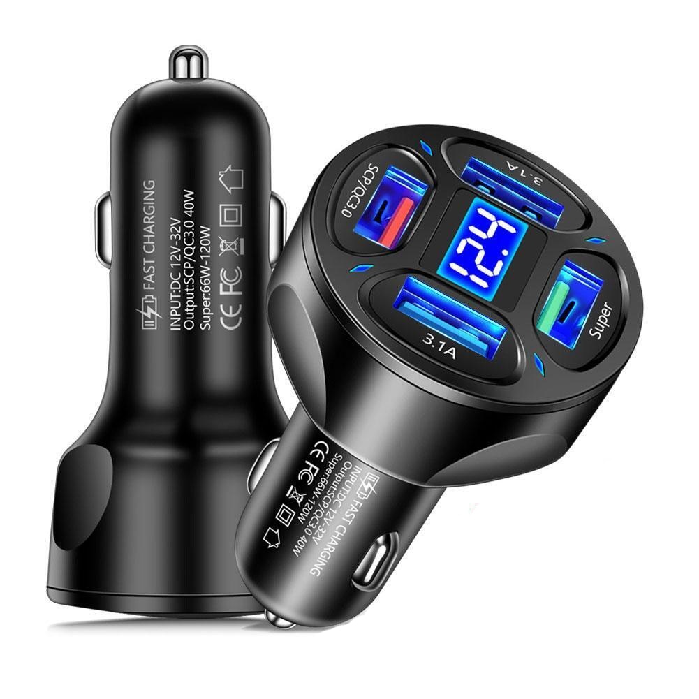 Incarcator auto Smart Fast Charging 4 USB 66W, afisare voltaj baterie ...