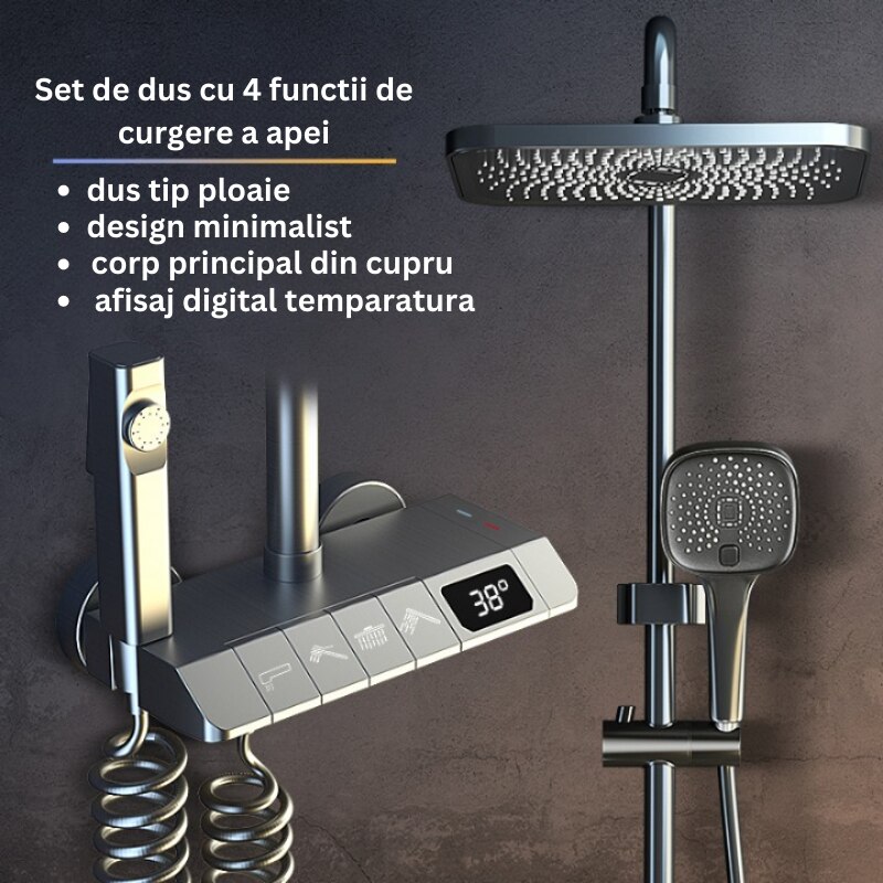 Set de dus cu para dreptunghiulara, afisaj digital, montare perete, 4 ...