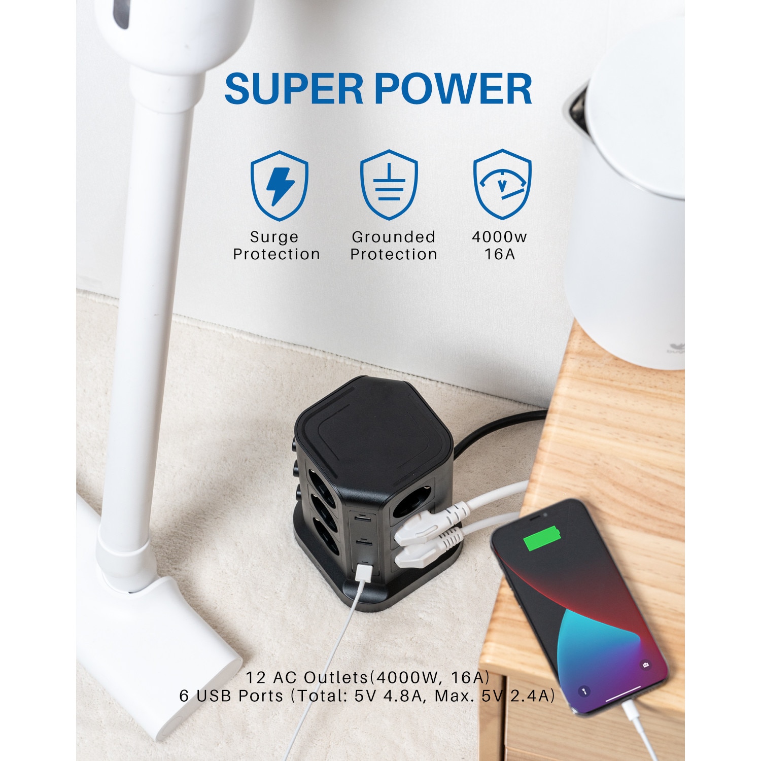 16a 4000w удължителен кабел с 12 извода 6 Usb 4 8a множество контакти със защита от