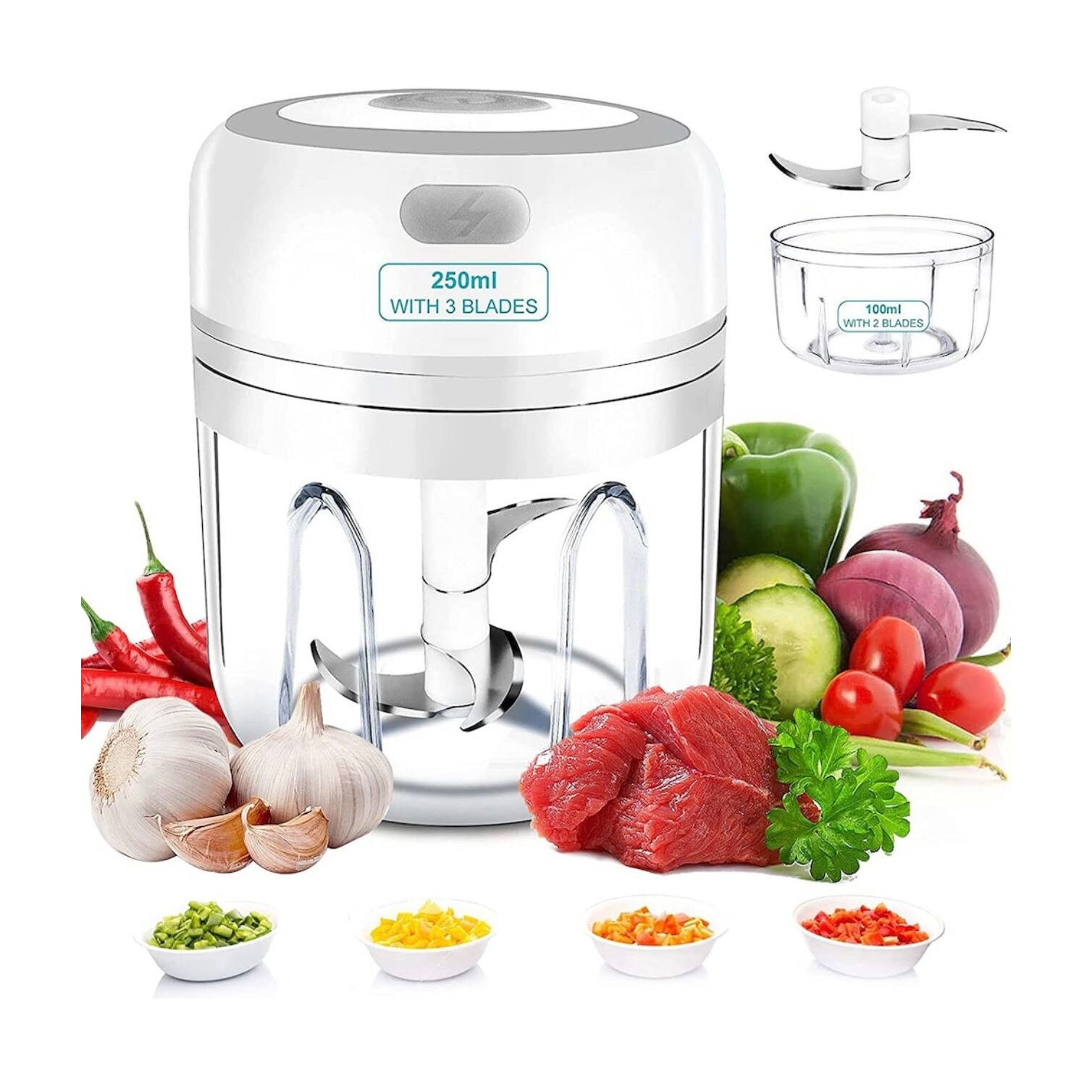 Mini Tocator Electric fara fir, Capacitate 250ml si 100ml, 3 lame inox ...