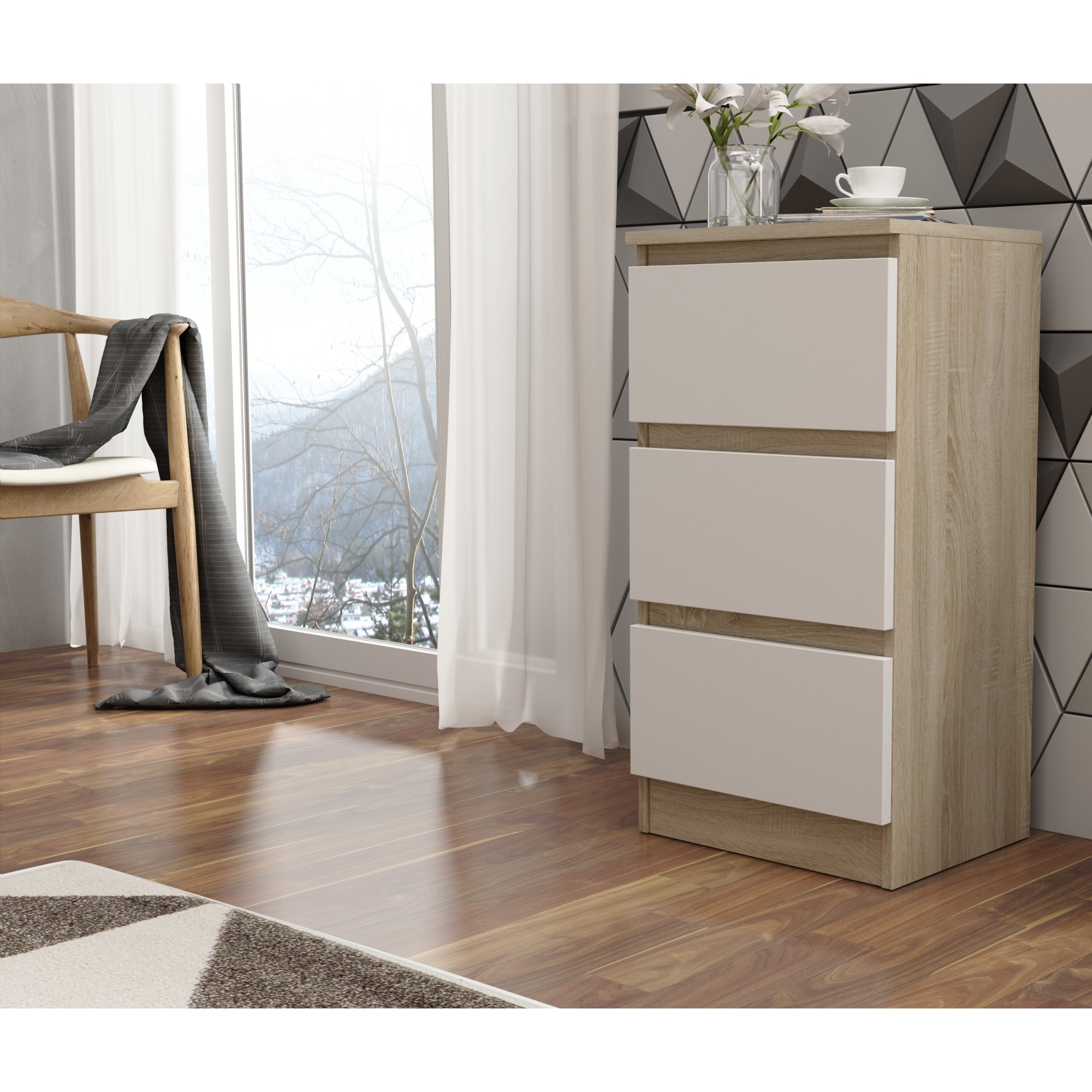 Comoda cu 3 sertare, sonoma/alb, 40x77x33 cm, canturi abs, Bortis Impex ...