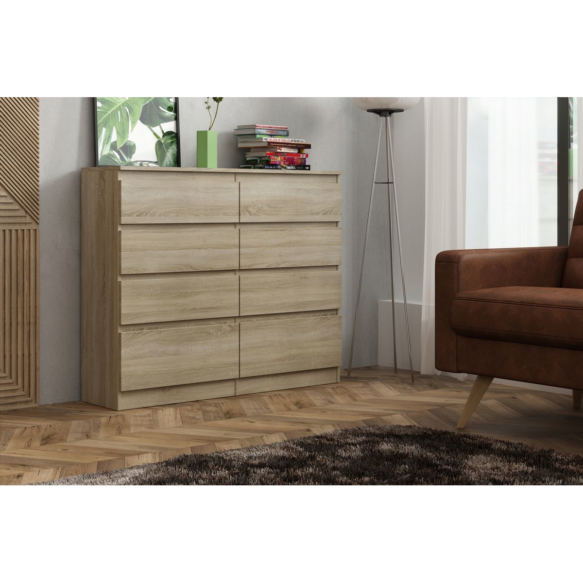 Comoda cu 8 sertare, 120x100x33 cm, stejar sonoma, pentru hol, living ...
