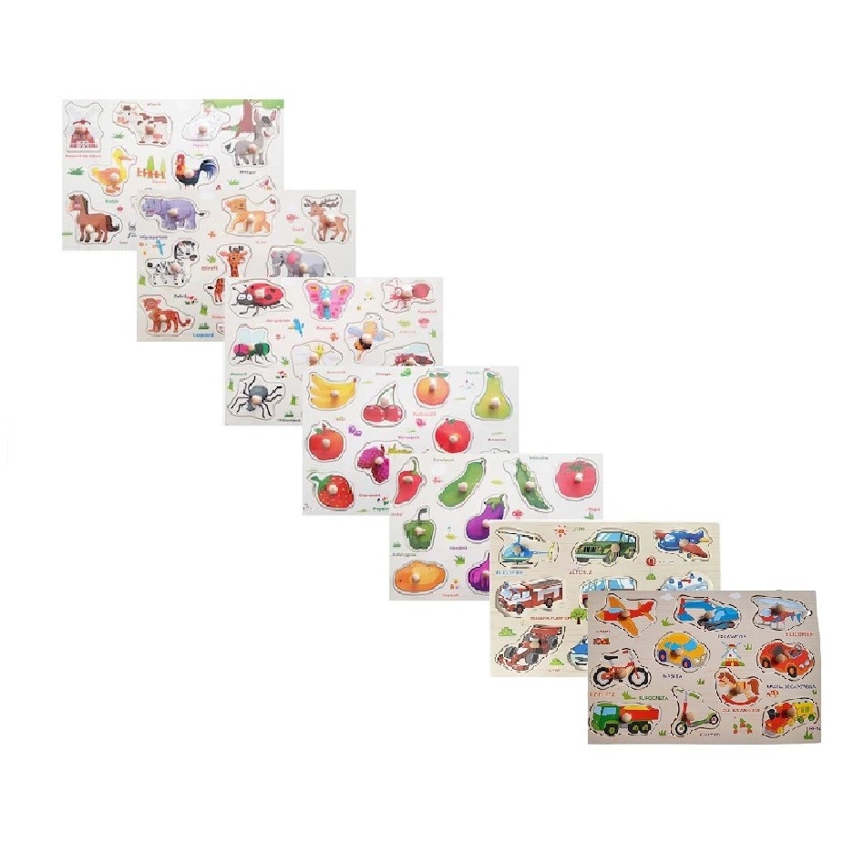 Set puzzle lemn, 7 tablite incastru in limba romana, 68 piese, Picodino ...