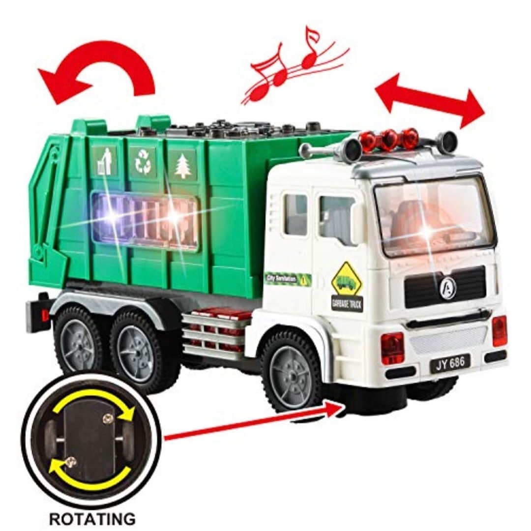 Masina de gunoi cu sunete si lumini, Functie de rotire, Verde, 26 cm ...