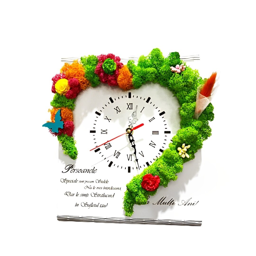Ceas Birou Inima cu licheni stabilizati, naturali, multicolor ...