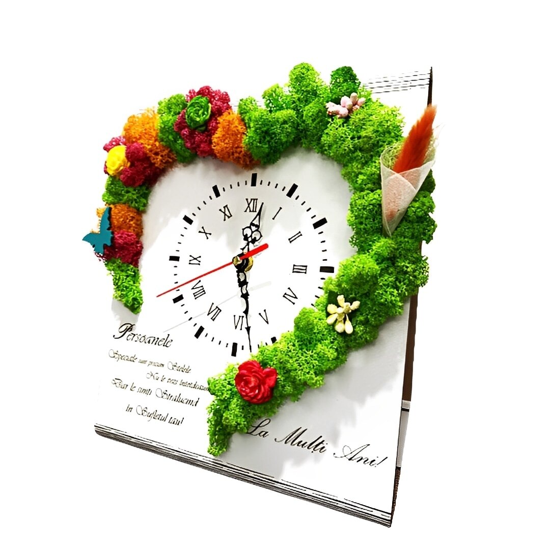 Ceas Birou Inima cu licheni stabilizati, naturali, multicolor ...