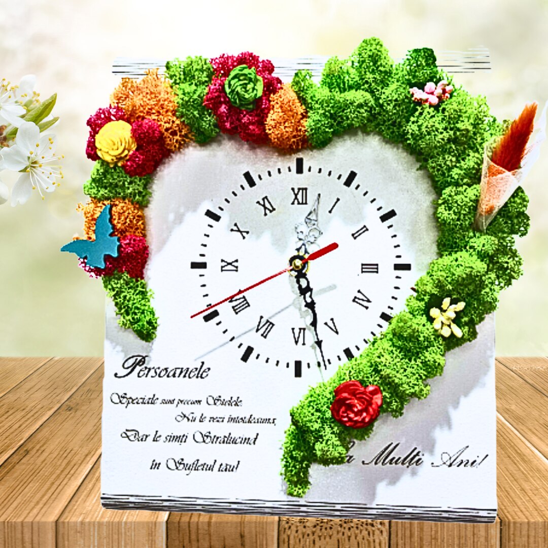 Ceas Birou Inima cu licheni stabilizati, naturali, multicolor ...